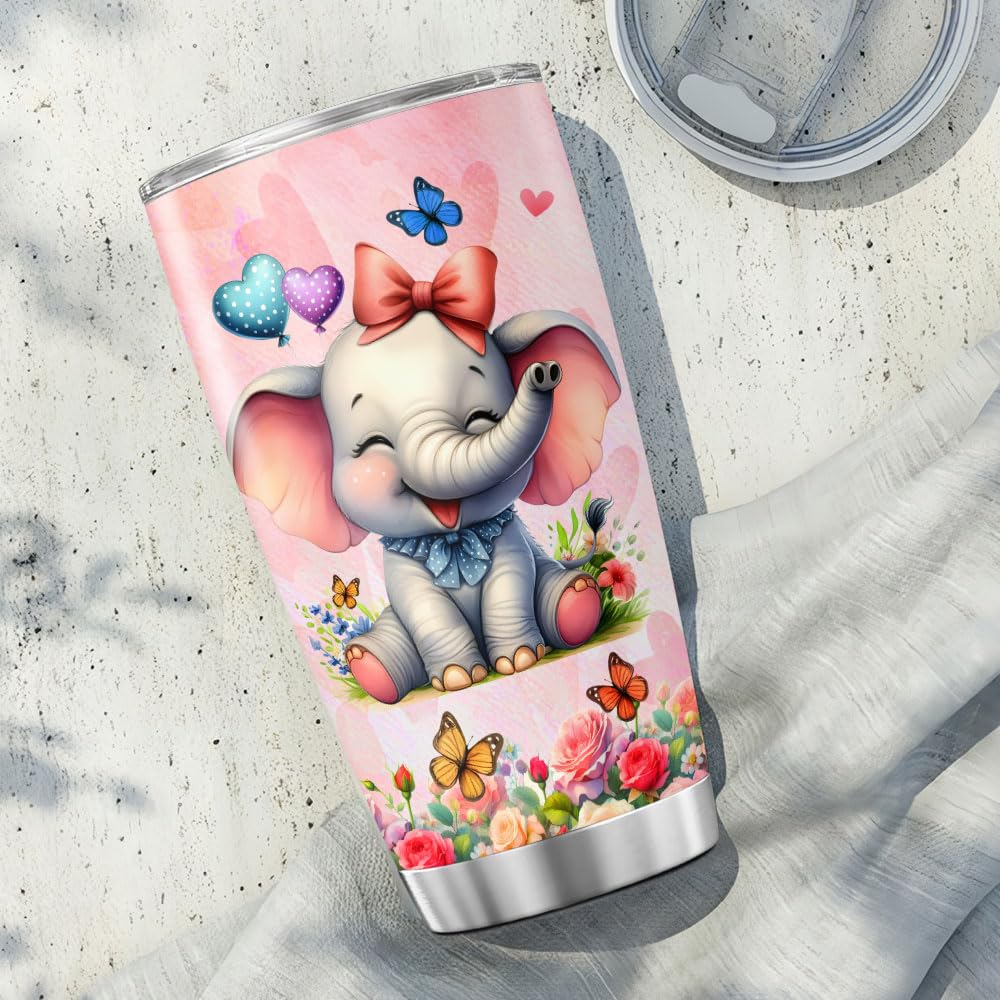 JENOIS Elephant Gifts, Tumbler 20 Oz With Lid And Straw, Floral Flower, Elephant Freaking Love