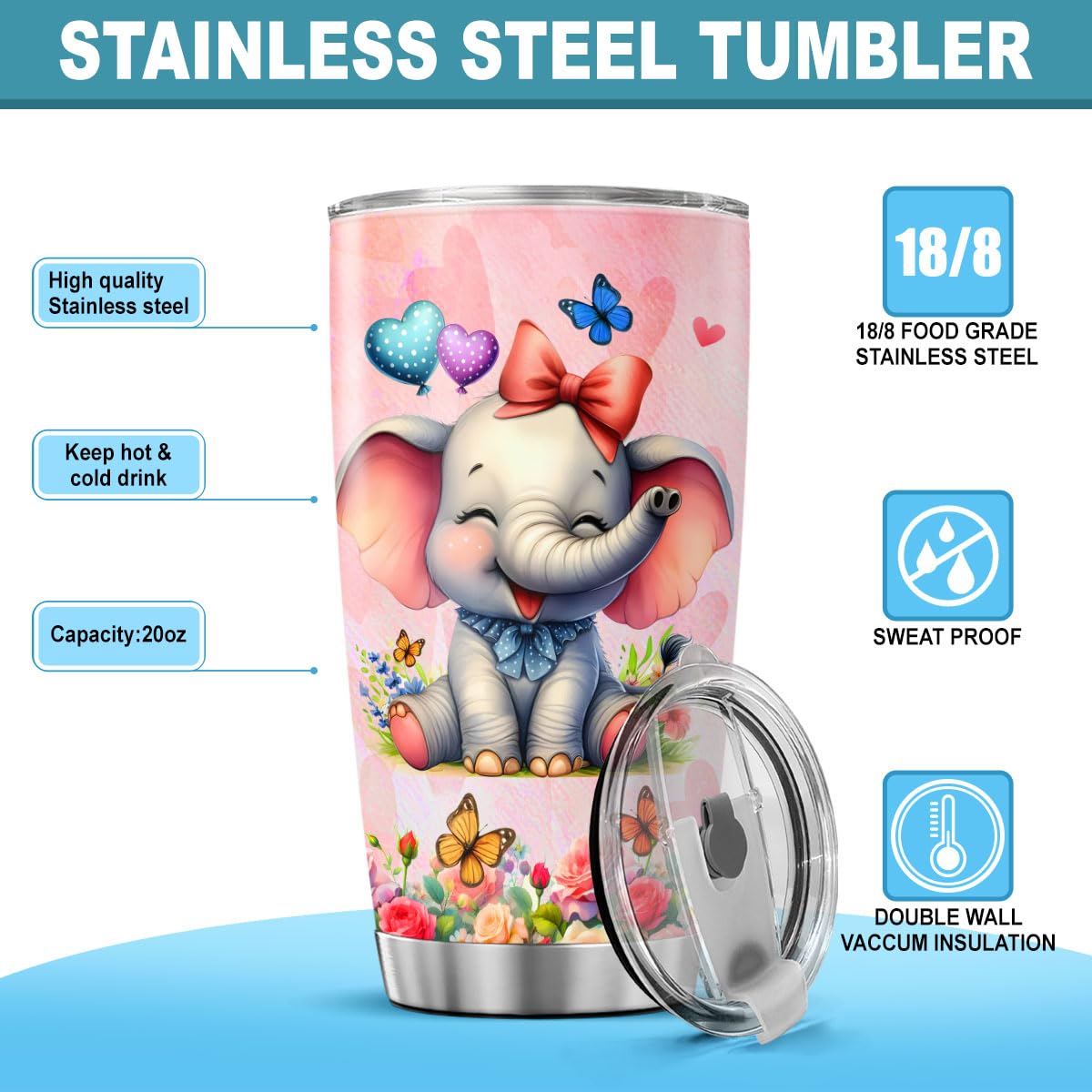 JENOIS Elephant Gifts, Tumbler 20 Oz With Lid And Straw, Floral Flower, Elephant Freaking Love