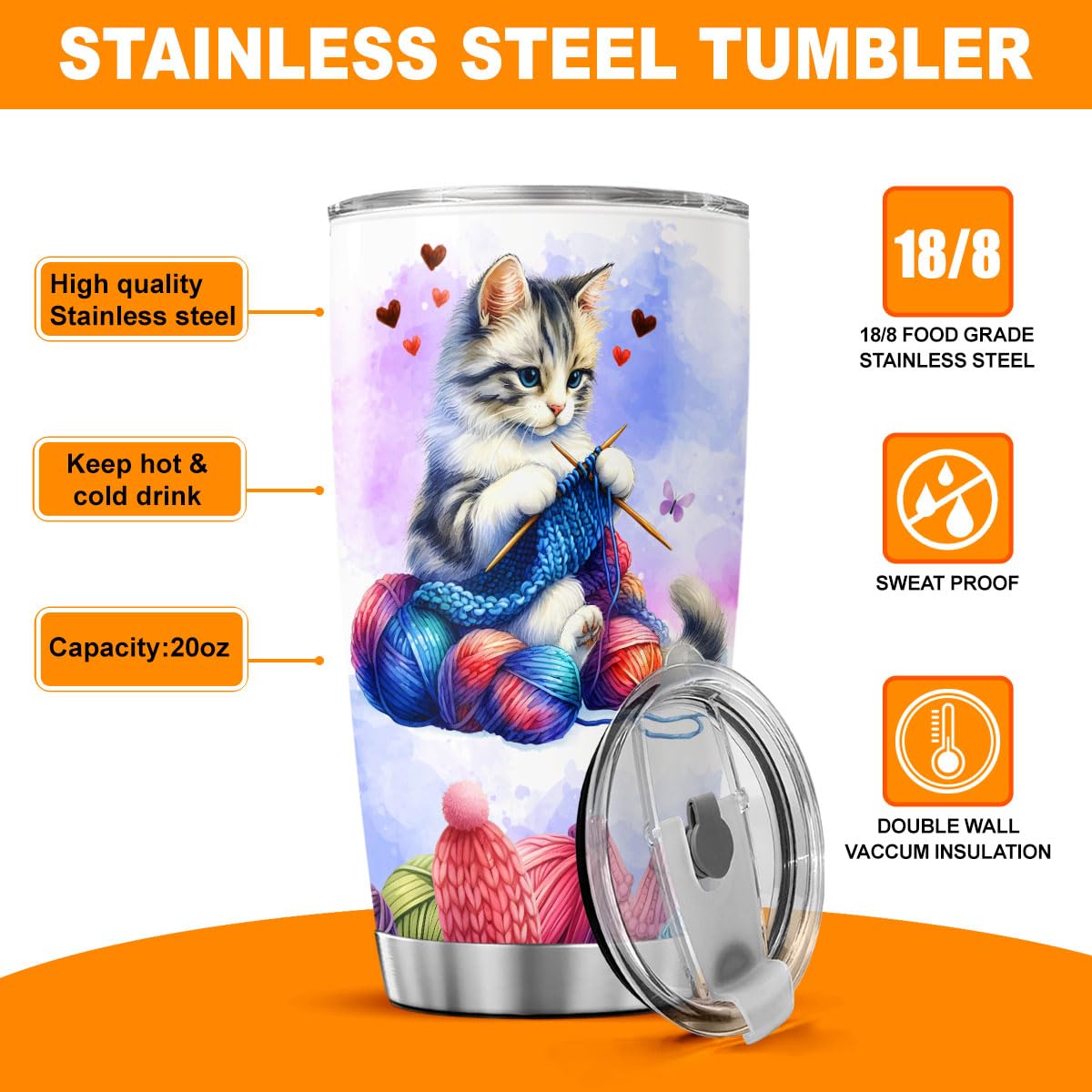 HUBUPU Tumbler 20 Oz With Lid And Straw, Lovers For Tumblers, Cats Sewing, Cat Gifts