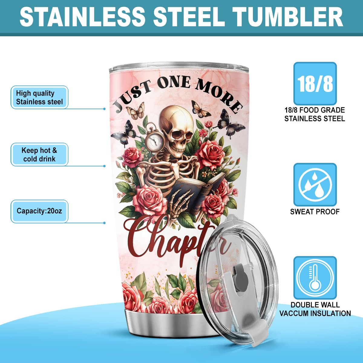 JENOIS Flower Floral Skull, Book Gifts, Tumbler 20 Oz With Lid And Straw, Book Reader Nutrition Facts