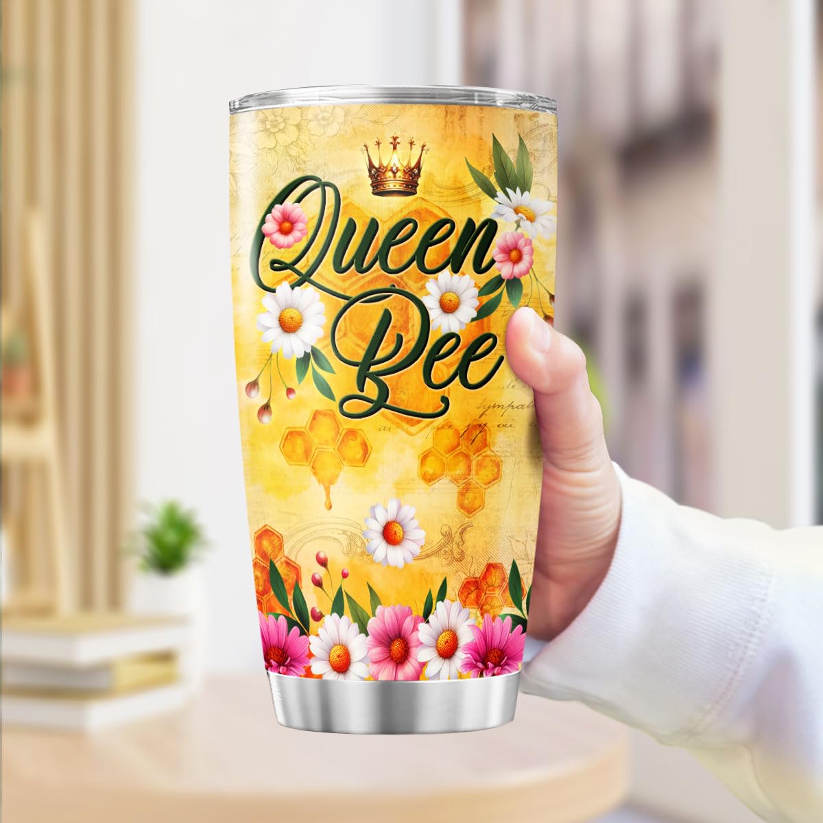 HUBUPU Queen Bee Floral, Tumbler 20 Oz With Lid And Straw, Bee Gifts, Flower