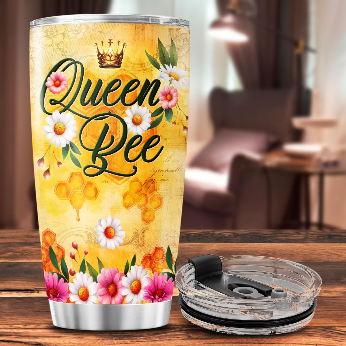 HUBUPU Queen Bee Floral, Tumbler 20 Oz With Lid And Straw, Bee Gifts, Flower