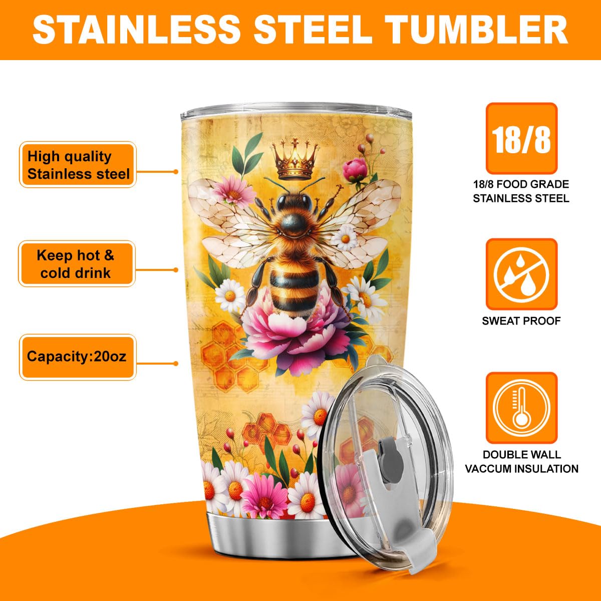 HUBUPU Queen Bee Floral, Tumbler 20 Oz With Lid And Straw, Bee Gifts, Flower