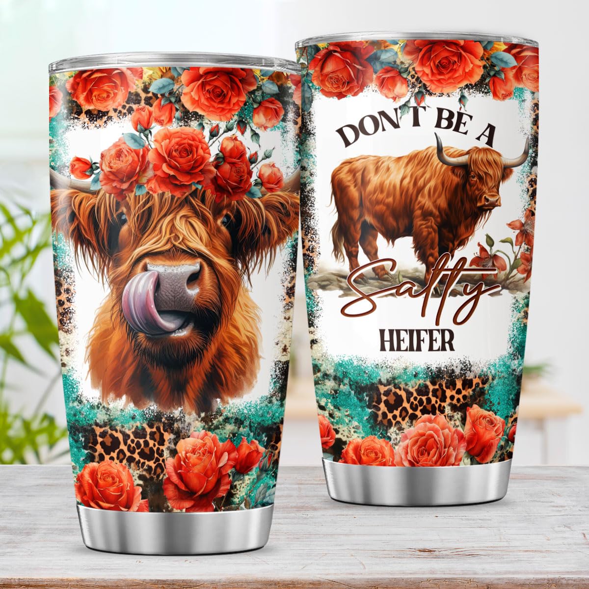 Salty Heifer, Tumbler 20 Oz With Lid And Straw, Leopard Print Flower Floral, Highland Cow Gifts