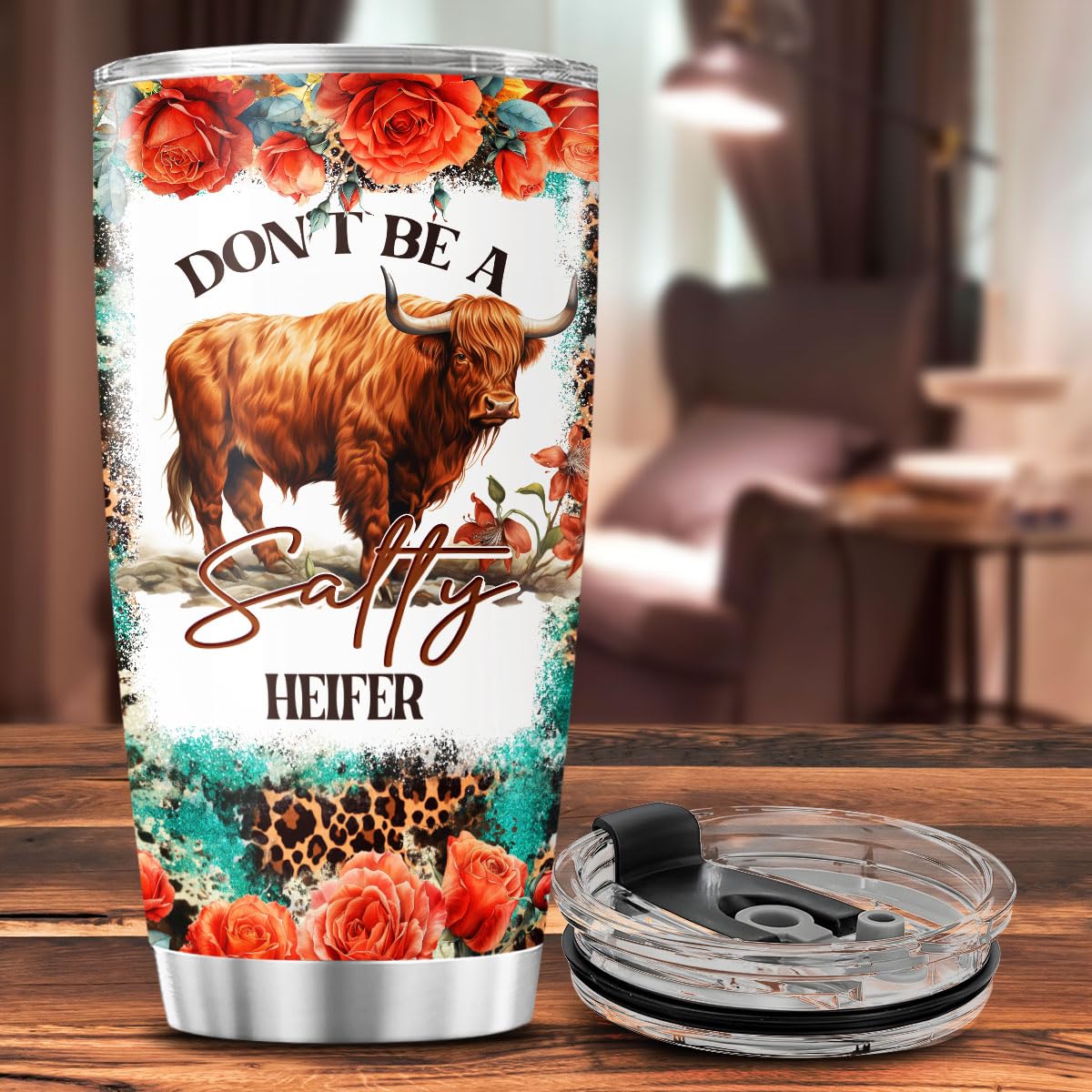 Salty Heifer, Tumbler 20 Oz With Lid And Straw, Leopard Print Flower Floral, Highland Cow Gifts