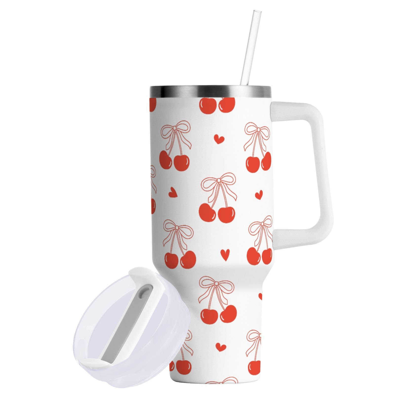 KEEPREAL 40 oz Red Cherry Bow Tumbler with Handle, Insulated Sports Water Bottle with Lid and Straw, Thermal Stainless Steel Travel Coffee Mug Cup