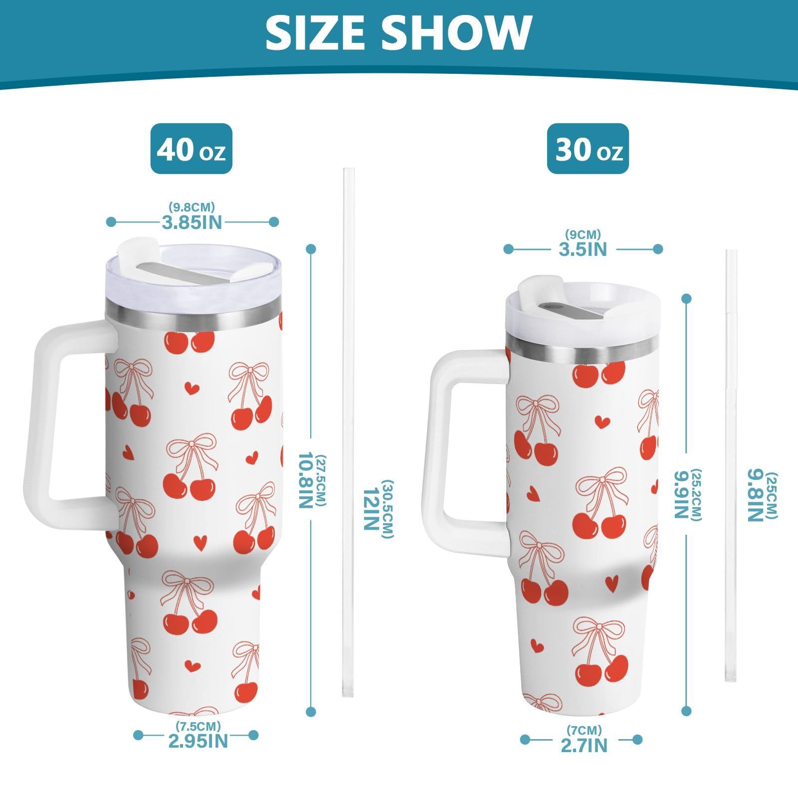 KEEPREAL 40 oz Red Cherry Bow Tumbler with Handle, Insulated Sports Water Bottle with Lid and Straw, Thermal Stainless Steel Travel Coffee Mug Cup