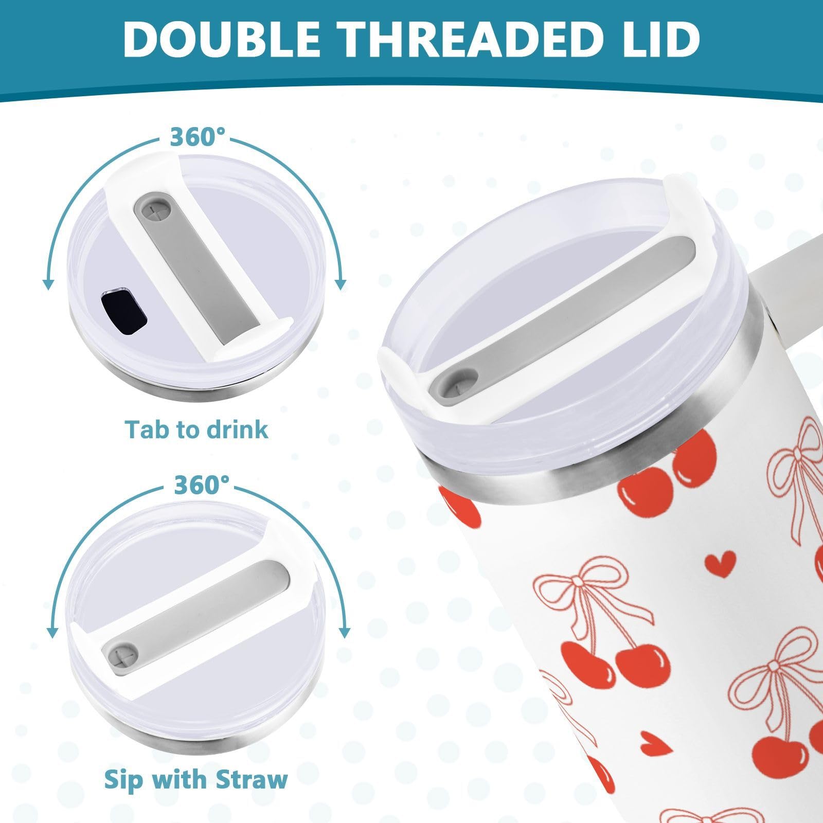 KEEPREAL 40 oz Red Cherry Bow Tumbler with Handle, Insulated Sports Water Bottle with Lid and Straw, Thermal Stainless Steel Travel Coffee Mug Cup