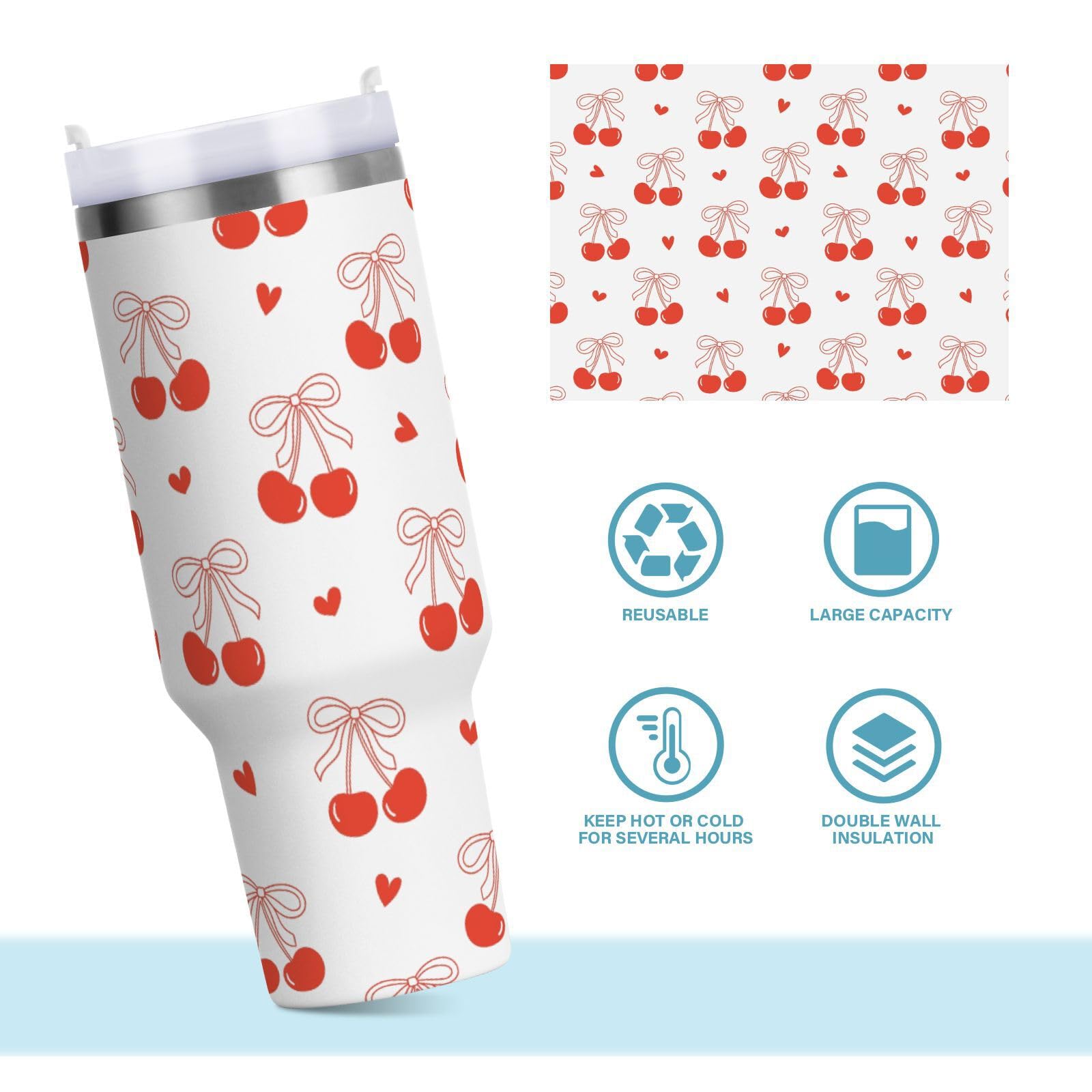 KEEPREAL 40 oz Red Cherry Bow Tumbler with Handle, Insulated Sports Water Bottle with Lid and Straw, Thermal Stainless Steel Travel Coffee Mug Cup