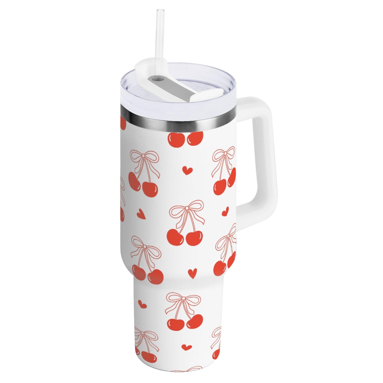 KEEPREAL 40 oz Red Cherry Bow Tumbler with Handle, Insulated Sports Water Bottle with Lid and Straw, Thermal Stainless Steel Travel Coffee Mug Cup