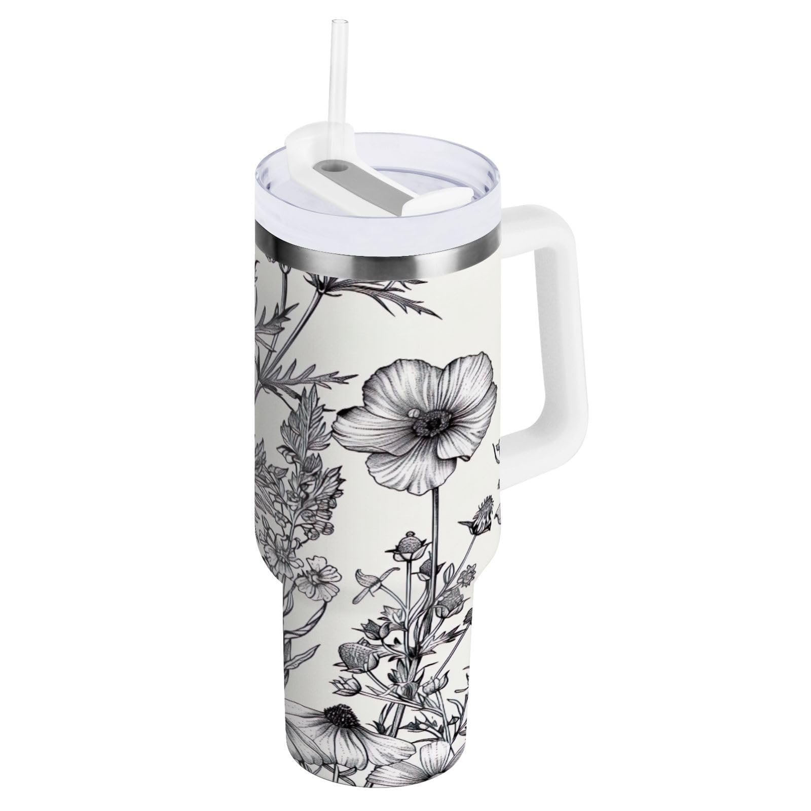 KEEPREAL 40 oz Black and White Flowers Tumbler with Handle, Insulated Sports Water Bottle with Lid and Straw, Thermal Stainless Steel Travel Coffee Mug Cup #230