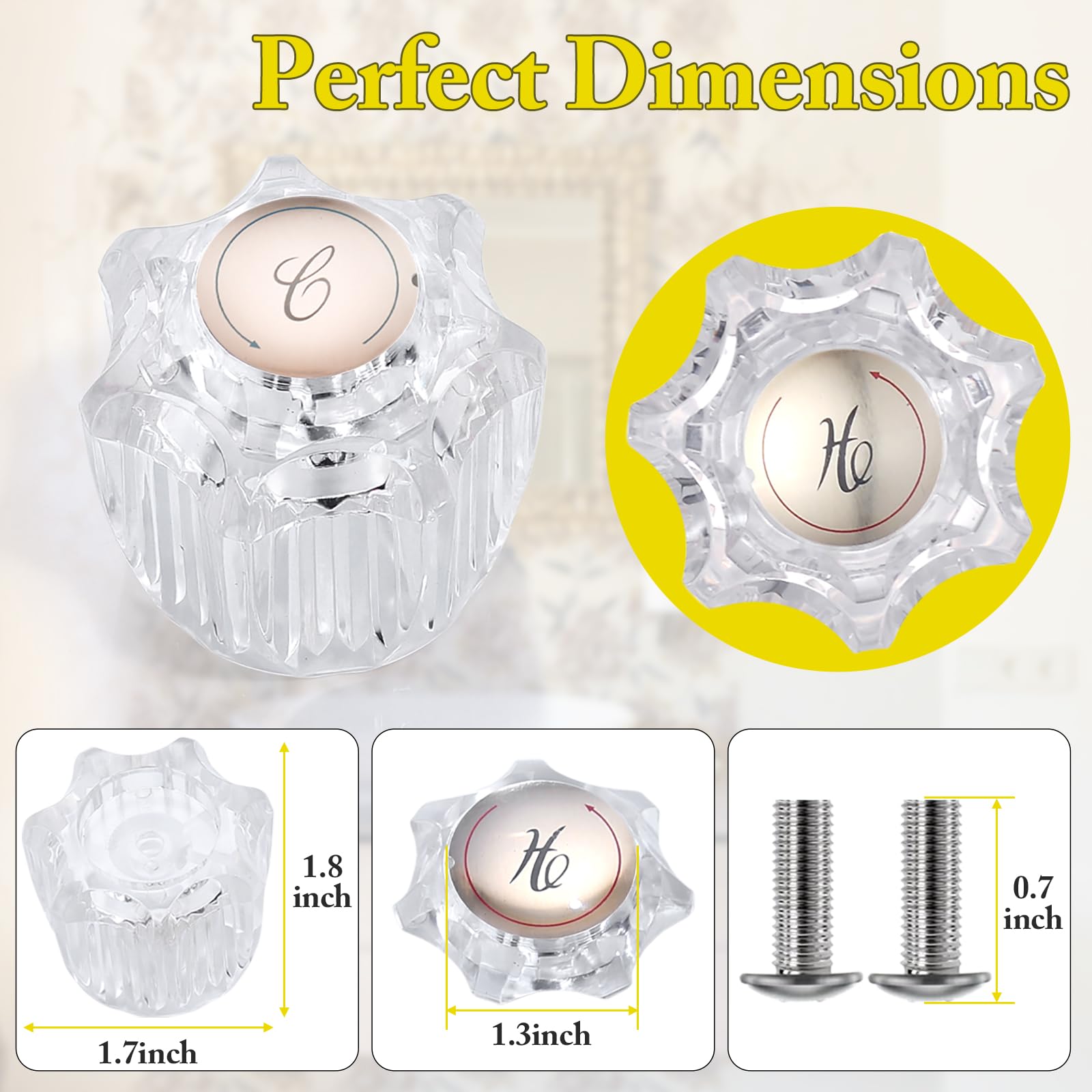 Faucet Handles, Bathtub Faucet Knobs, Complete Faucet Rebuild Trim Kit Compatible with Delta/Delex faucets, Hot and Cold Faucet Replacement Handles in Clear Acrylic, 1 Kit