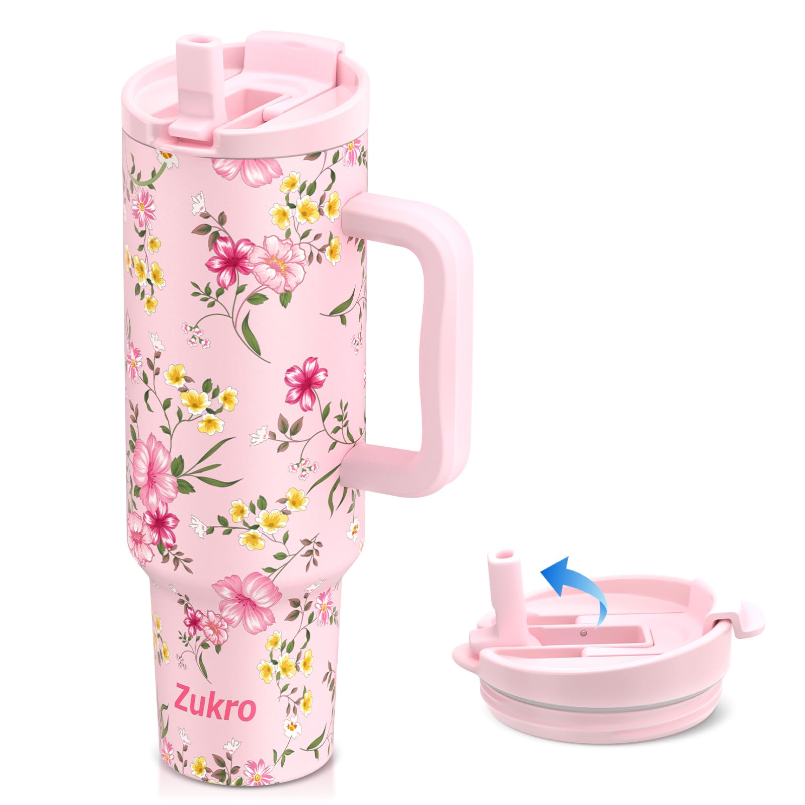 Zukro 50 oz Tumbler With Handle, 100% Leak Proof, Large Triple-wall Insulated Stainless Steel Cup with Lid and Flip Straw, No Sweat Reusable Travel Mug Fit in Cup Holder, Cold 34 Hours, Floral