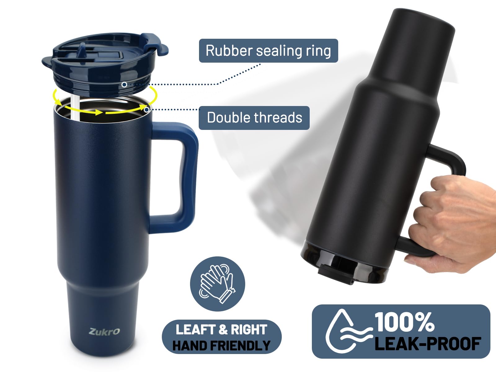 Zukro 50 oz Tumbler With Handle, 100% Leak Proof, Large Triple-wall Insulated Stainless Steel Jug with Lid and Flip Straw, No Sweat Wate Bottle Fit in Cup Holder, Keep Drinks Cold 34 Hours, Navy Blue