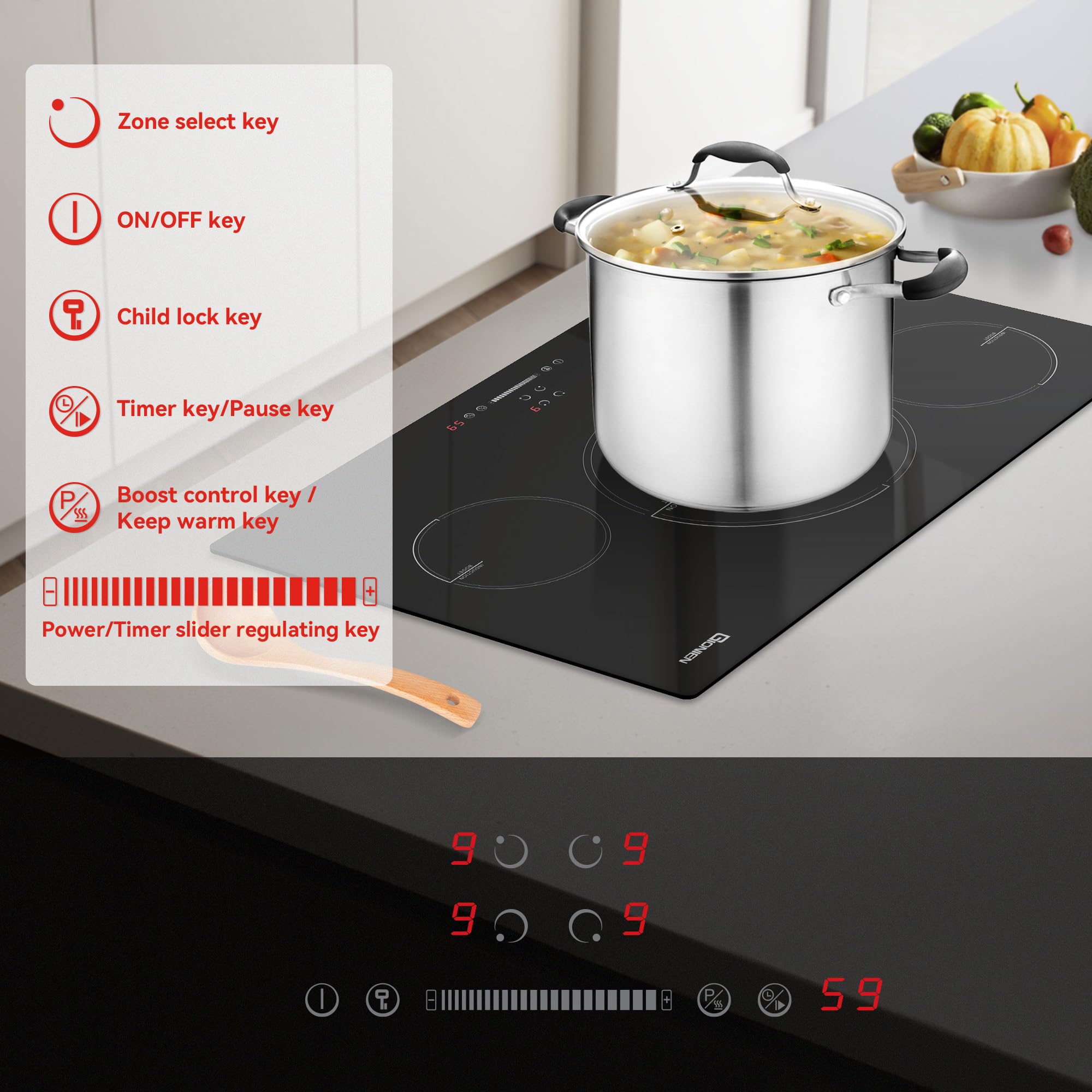 Induction Cooktop 30 Inch,4 Burner Electric Stove with Power Boost Smooth Surface Ceramic Glass,Black,220-240V,Shutdown,Timer,Pause,Child Lock,Drop-in,Hot Plate Cooktop,Electric Induction Burner,7200W