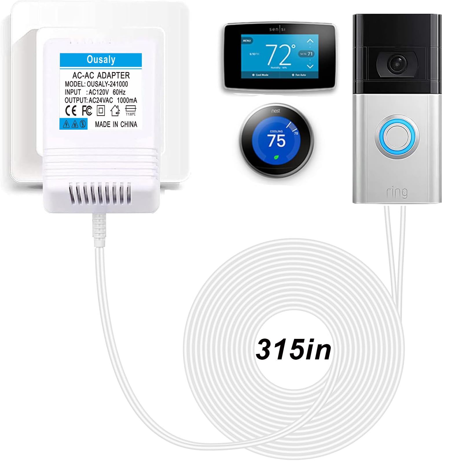 24VAC1A Video Doorbell Power Adapter - 26.5feet Extension Cable, AC110-120V to AC 24 for Eufy, Wyze, Ring, Nest, Ecobee, Sensi, Honeywell Thermostats, Arlo Wireless Video doorbell Transformer(White)