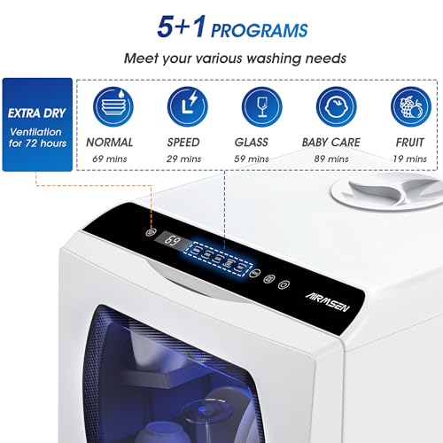 AIRMSEN Portable Countertop Dishwashers, 5 Washing Programs Mini Dishwashers with 5 L Built-in Water Tank and Double-layered Glass Door, No Hookup Needed for Home, Apartments & RVs