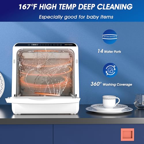 AIRMSEN Portable Countertop Dishwashers, 5 Washing Programs Mini Dishwashers with 5 L Built-in Water Tank and Double-layered Glass Door, No Hookup Needed for Home, Apartments & RVs