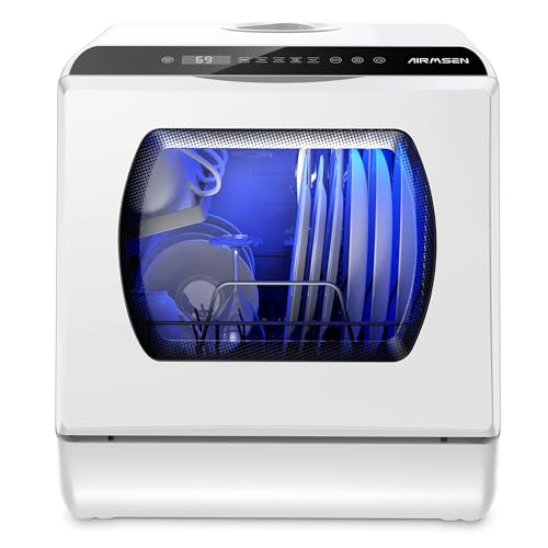 AIRMSEN Portable Countertop Dishwashers, 5 Washing Programs Mini Dishwashers with 5 L Built-in Water Tank and Double-layered Glass Door, No Hookup Needed for Home, Apartments & RVs