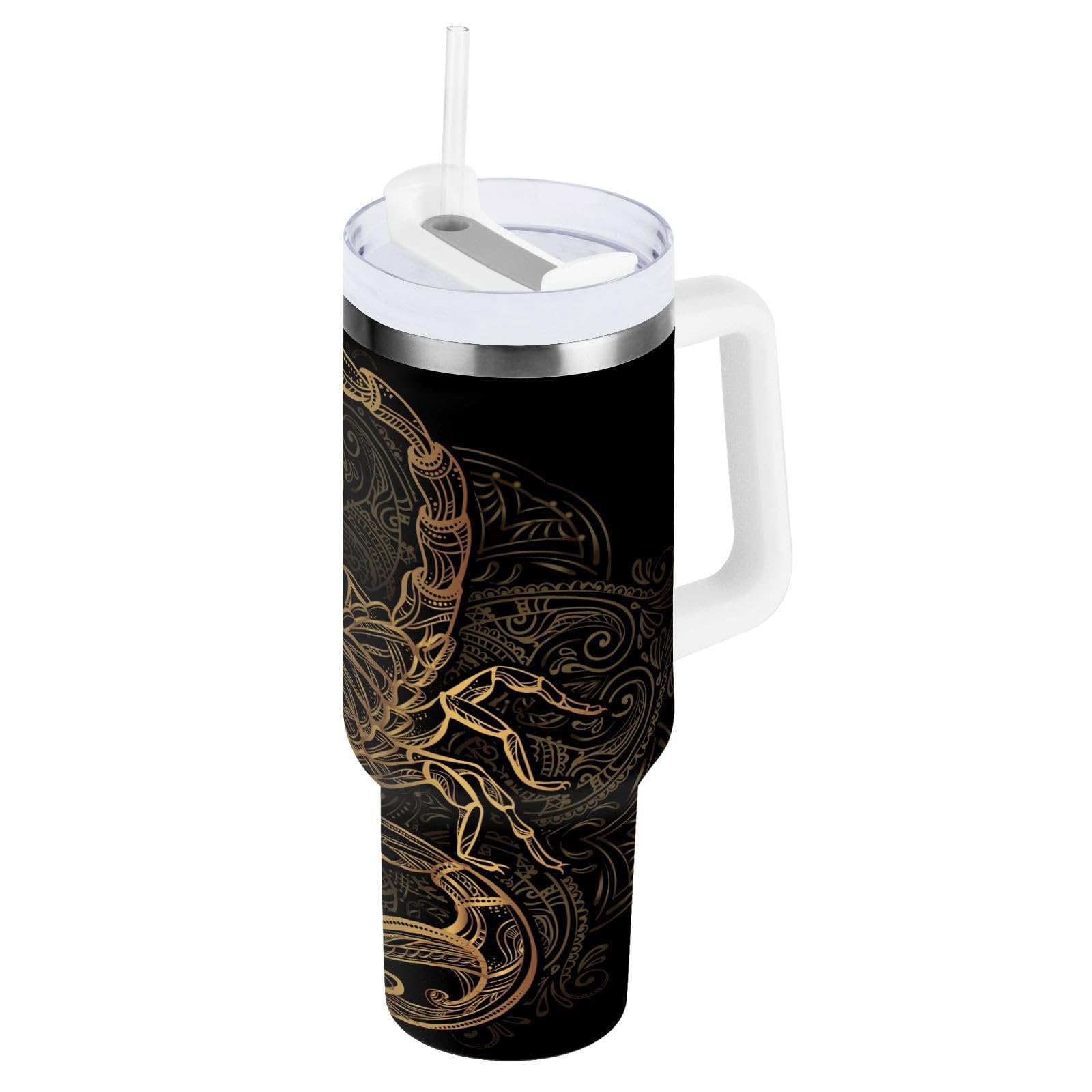 susiyo 40 oz Tumbler with Handle, Gold Scorpion Blackground Insulated Water Bottle Stainless Steel Reusable Iced Coffee Cup Fit in Car Holder, BPA Free, Leak Proof,Keeps Cold or Hot
