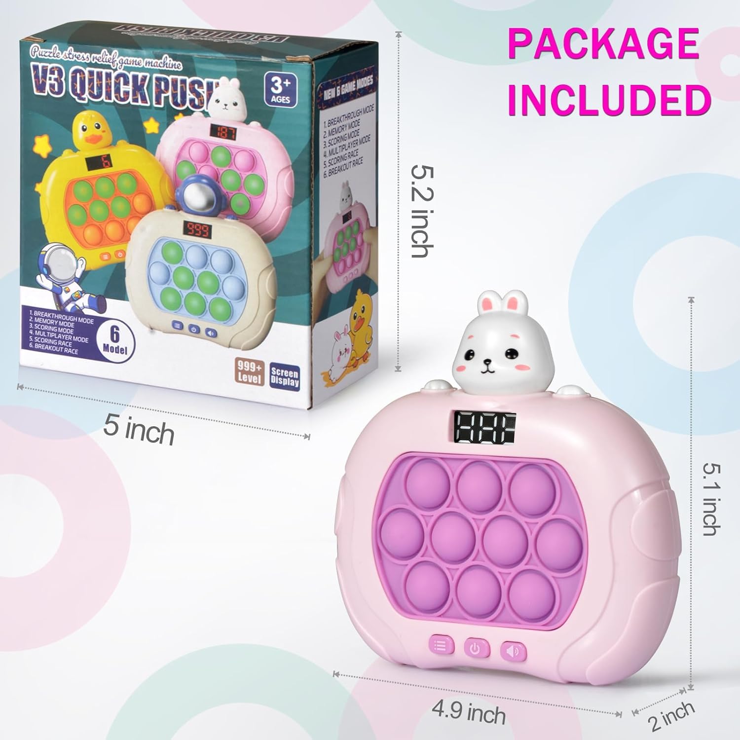 Blackma Fast Push Game Pop Fidget Toys for Kids, Handheld Puzzle Game Sensory Toys with LED Screen, Quick Push Light Up Game Gifts for 3-12 Year Old Girls Boys (Rabbit)