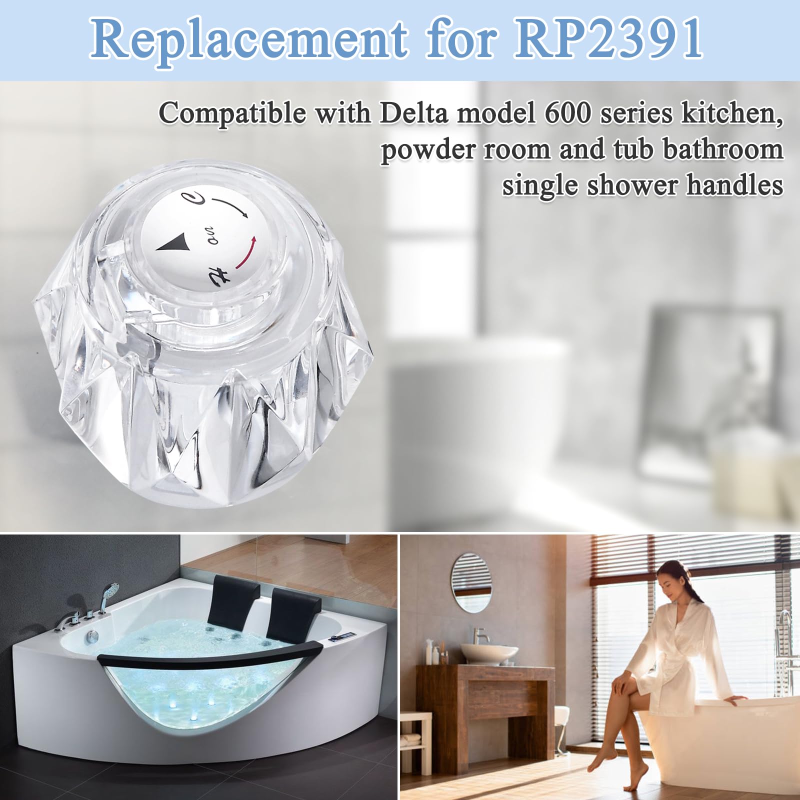 ZephyrJazz Faucet Handle 3 Adapter Compatible with Delta Faucet RP2391, Single Clear Knob Handle Kit with Offset Hole for Shower/Tub, 2-1/2" x 2-1/8" Faucet Knob Replacement, Clear Acrylic Finish