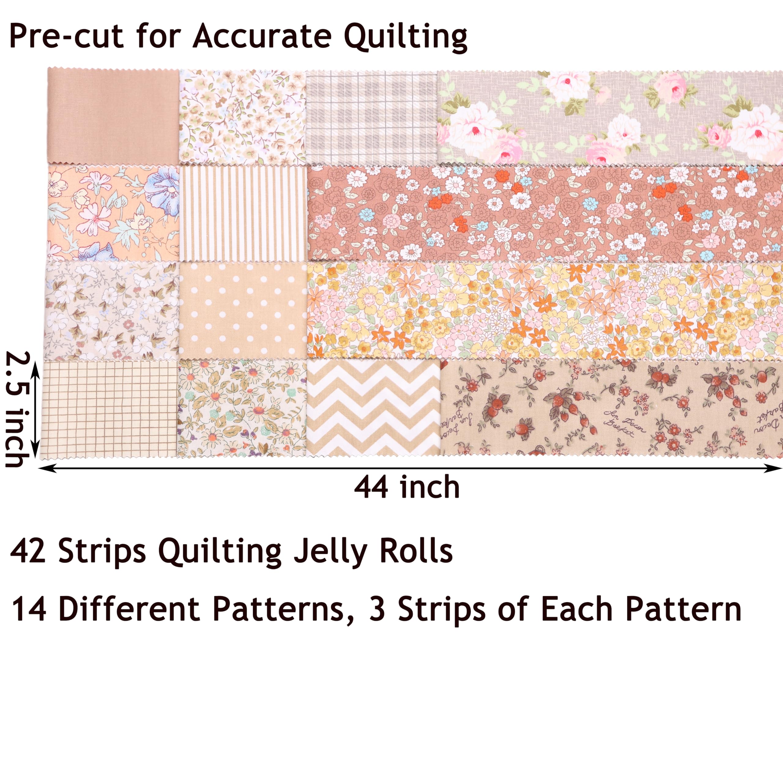 42 Jelly Roll Fabric 2.5" x 44" | Cotton Strips Bundles - Jelly Rolls for Quilting Assortment Fabrics - Precuts Cloth Quilts - Light Coffee