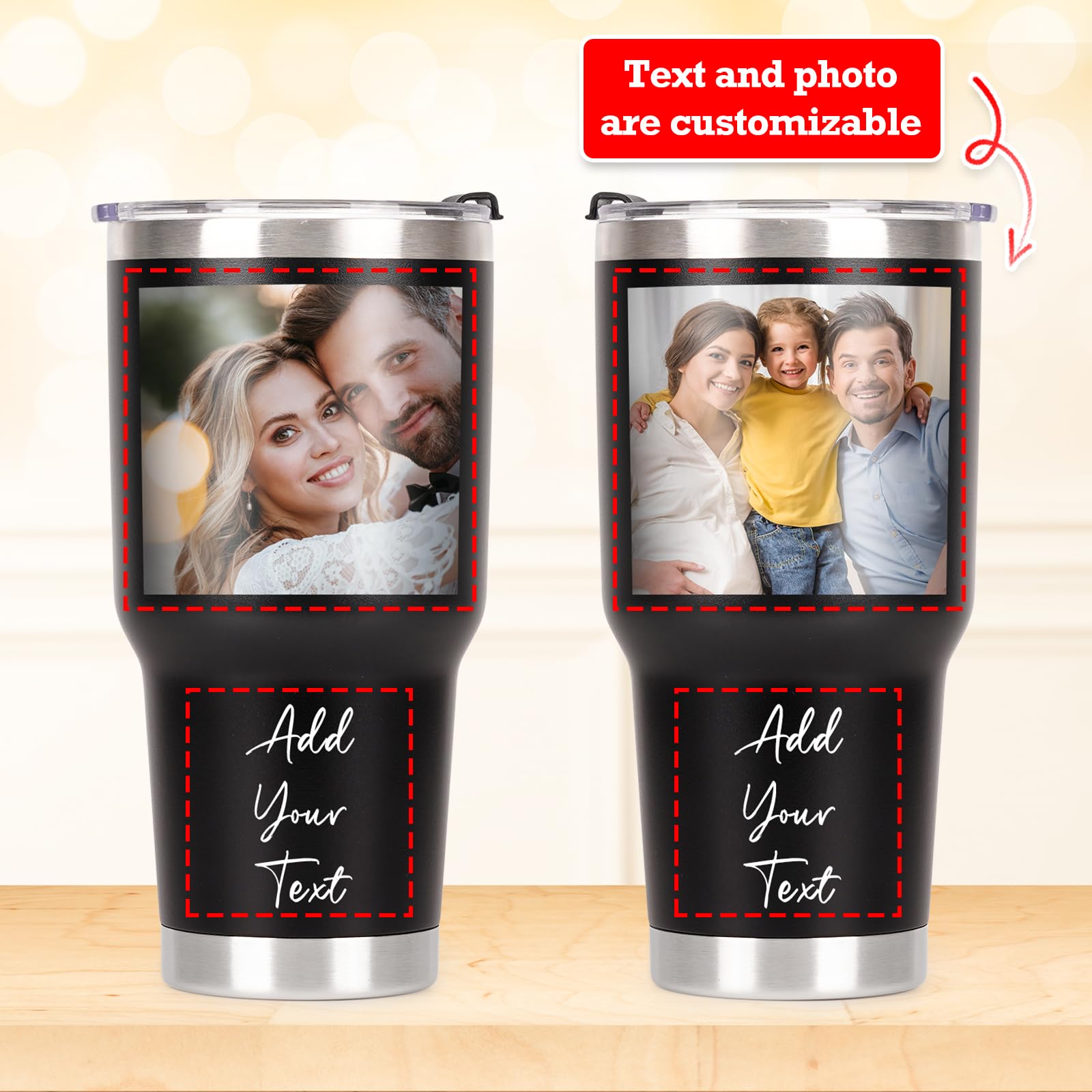 Customizedbee Personalized Tumbler with Picture Text Name Logo, 30oz Stainless Steel Custom Coffee Mug cup with Lid Straw, Anniversary Wedding Christmas Thanksgiving Birthday Gifts for Women Men Kid