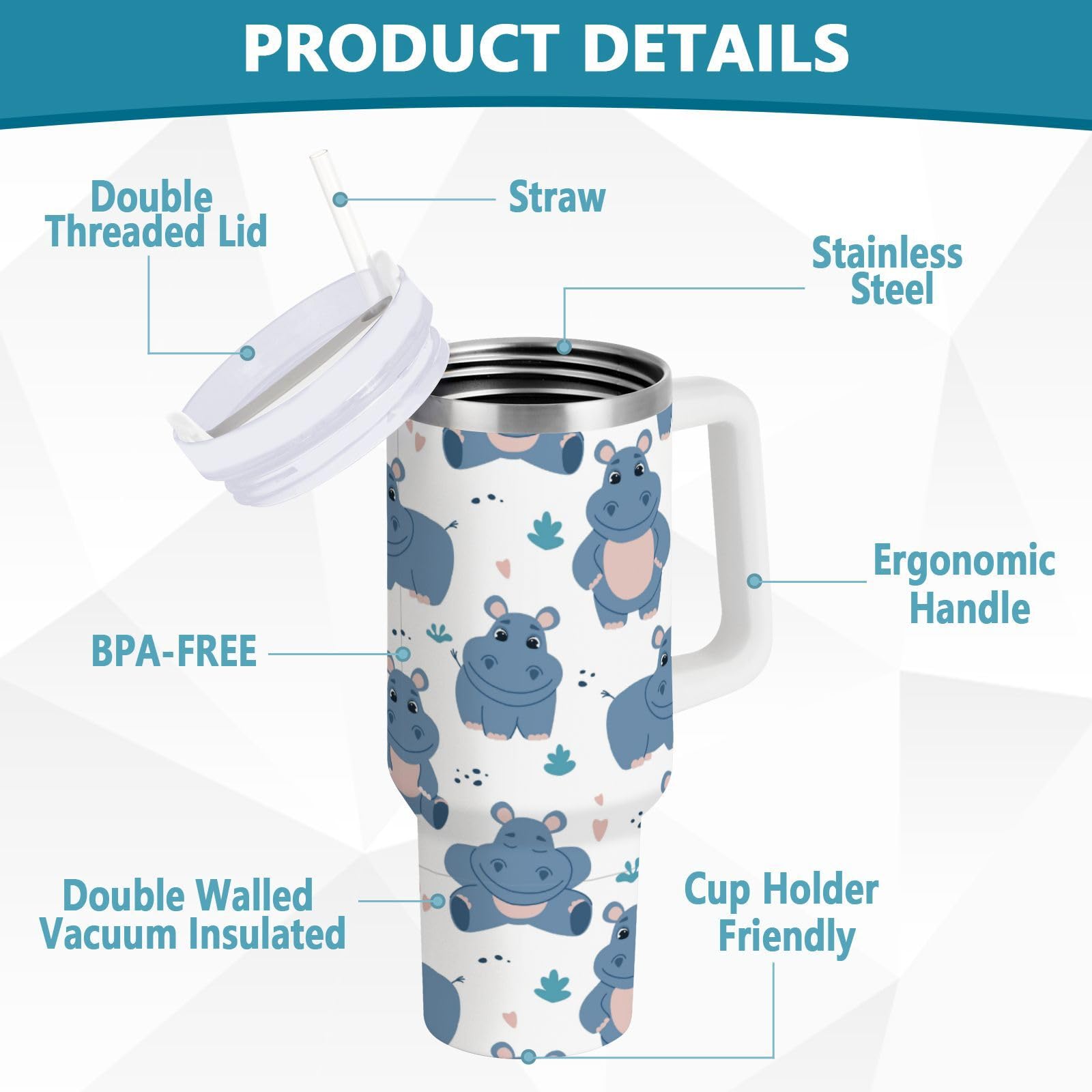 Wfrish Cute Blue Hippos Tumbler with Handle and Straw Lid, 40 oz Insulated Coffee Cup Stainless Steel Water Bottle Travel Mug Cupholder Friendly,Gifts for Women Men