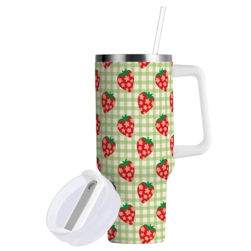 Green Gingham Strawberry Daisy Tumbler with Handle and Straw Lid, 30 oz Insulated Coffee Cup Stainless Steel Water Bottle Travel Mug Cupholder Friendly,Gifts for Women Men