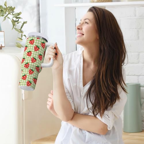 Green Gingham Strawberry Daisy Tumbler with Handle and Straw Lid, 30 oz Insulated Coffee Cup Stainless Steel Water Bottle Travel Mug Cupholder Friendly,Gifts for Women Men