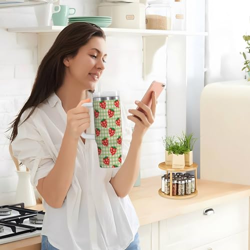 Green Gingham Strawberry Daisy Tumbler with Handle and Straw Lid, 30 oz Insulated Coffee Cup Stainless Steel Water Bottle Travel Mug Cupholder Friendly,Gifts for Women Men