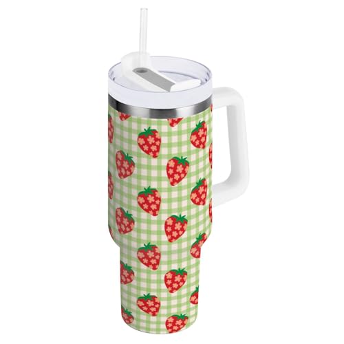 Green Gingham Strawberry Daisy Tumbler with Handle and Straw Lid, 30 oz Insulated Coffee Cup Stainless Steel Water Bottle Travel Mug Cupholder Friendly,Gifts for Women Men