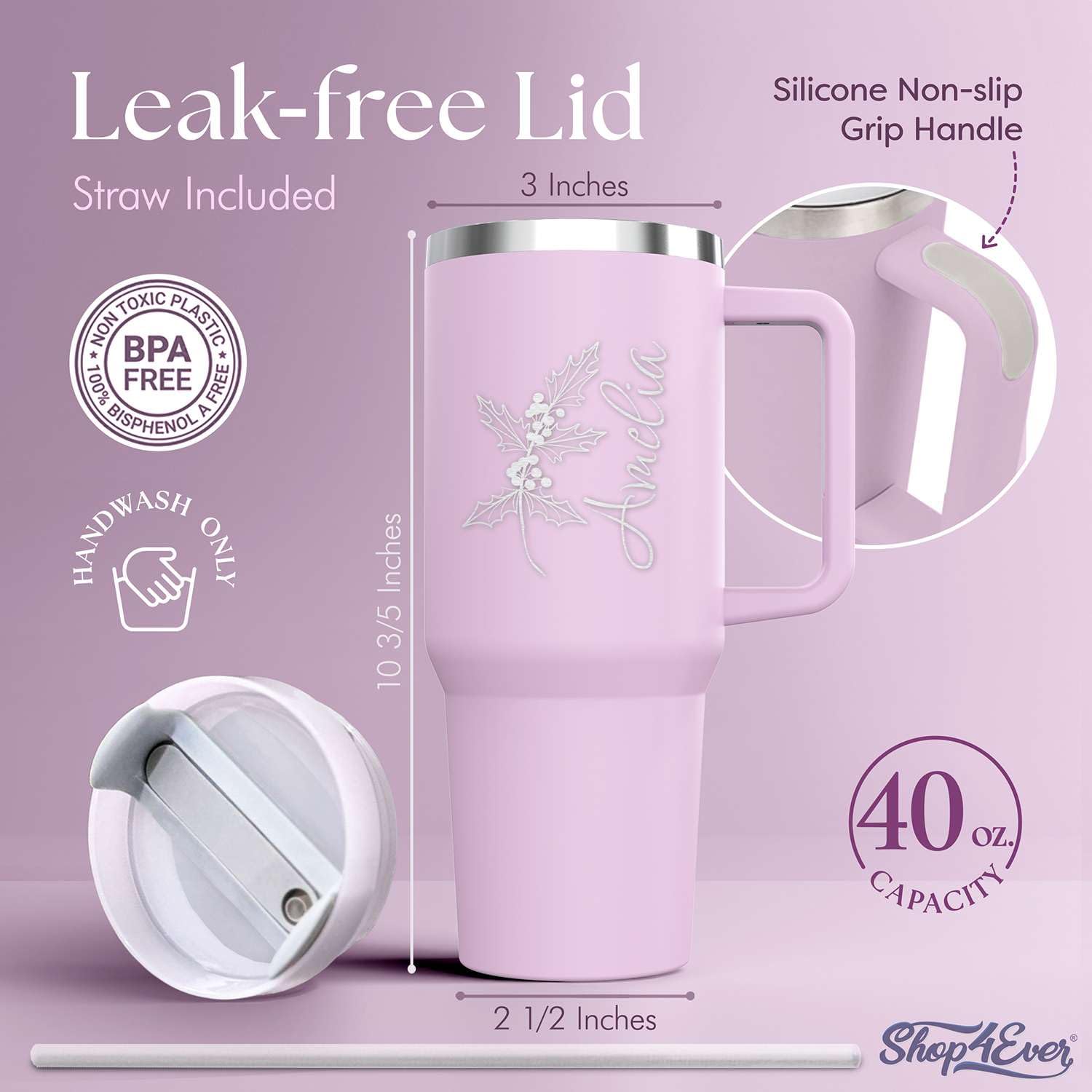 Custom Personalized Birth Flower Flower Your Name Engraved Insulated Stainless Steel Tumbler with Handle, Lid, and Straw 40 oz. Birthday Gift for Her