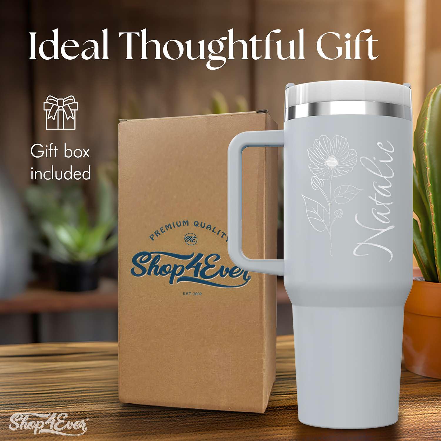 Custom Personalized Birth Flower Flower Your Name Engraved Insulated Stainless Steel Tumbler with Handle, Lid, and Straw 40 oz. Birthday Gift for Her