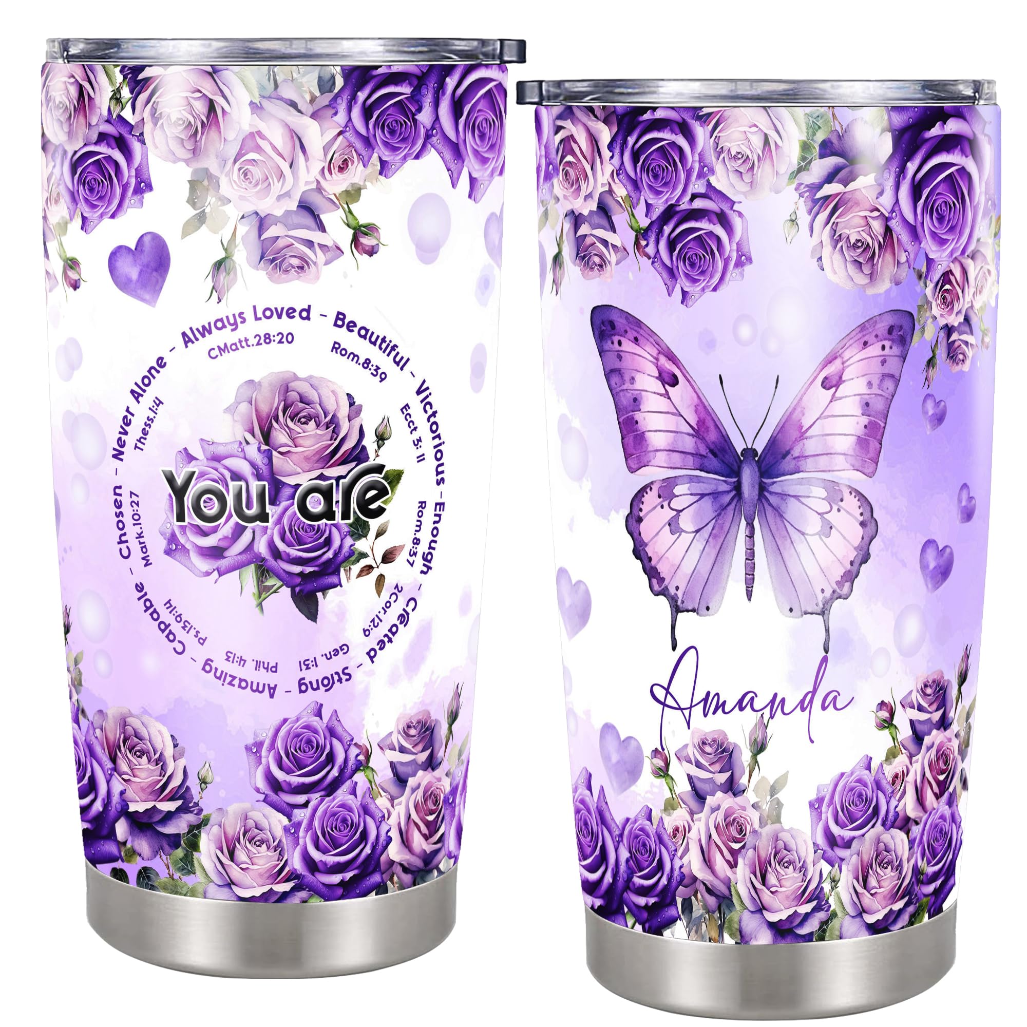 Dorric Personalized Christian Tumbler Purple Butterfly Travel Coffee Mug Insulated Cup with Lid Stainless Steel 20 30 oz Religious Gifts for Women Friend Sister Aunt Christmas Birthday