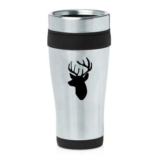 16oz Insulated Stainless Steel Travel Mug Coffee Mug Tumbler Deer Head with Antlers Hunting (Black)