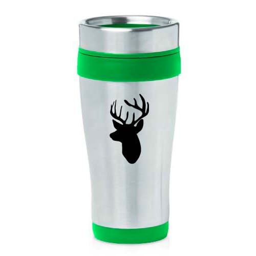 16oz Insulated Stainless Steel Travel Mug Coffee Mug Tumbler Deer Head with Antlers Hunting (Green)