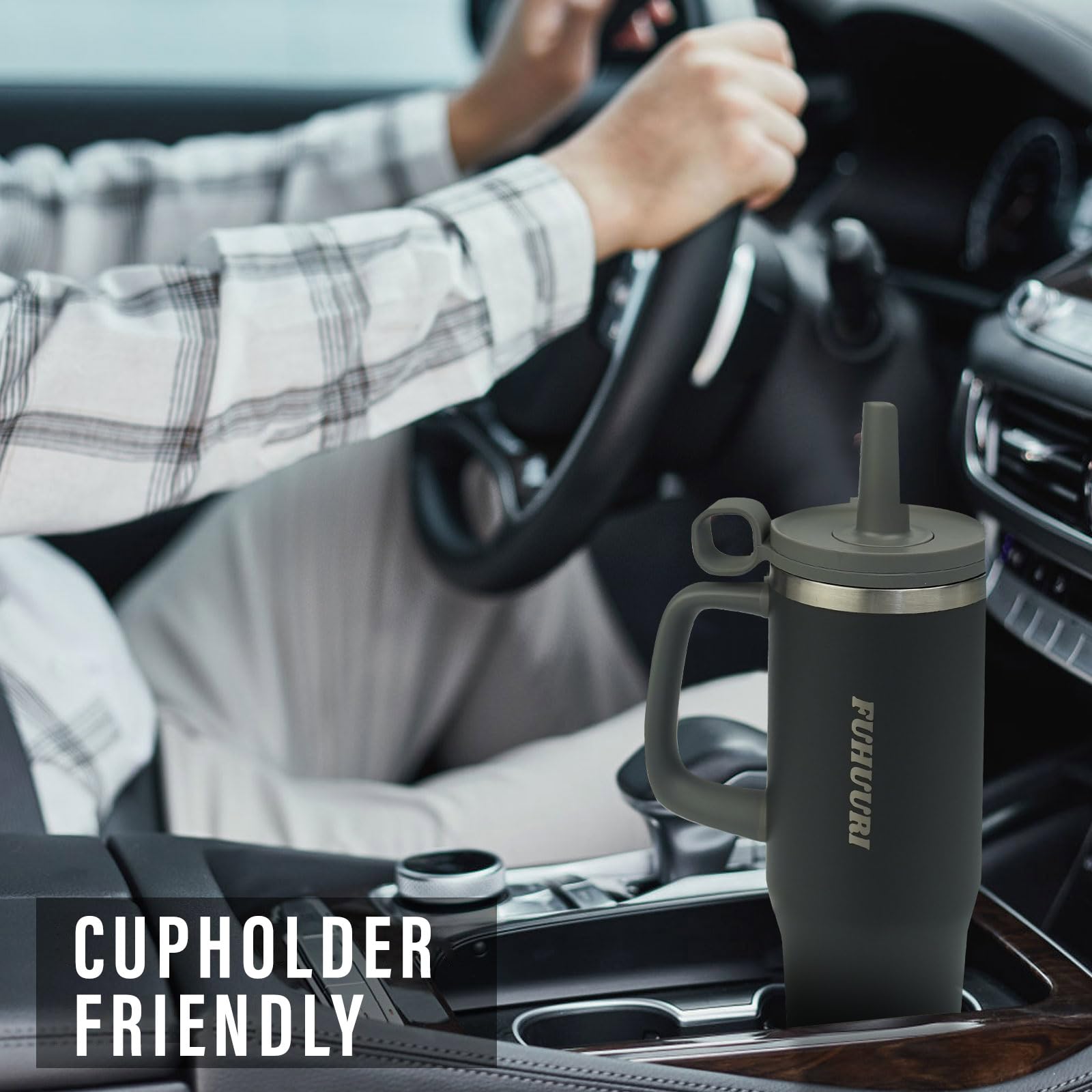 FUHUURI 40oz Stainless Steel Tumbler with Handle,Straw Lid,Double Wall Insulated, Keep Drinks Cold or Hot,Cupholder Friendly (Black grey)