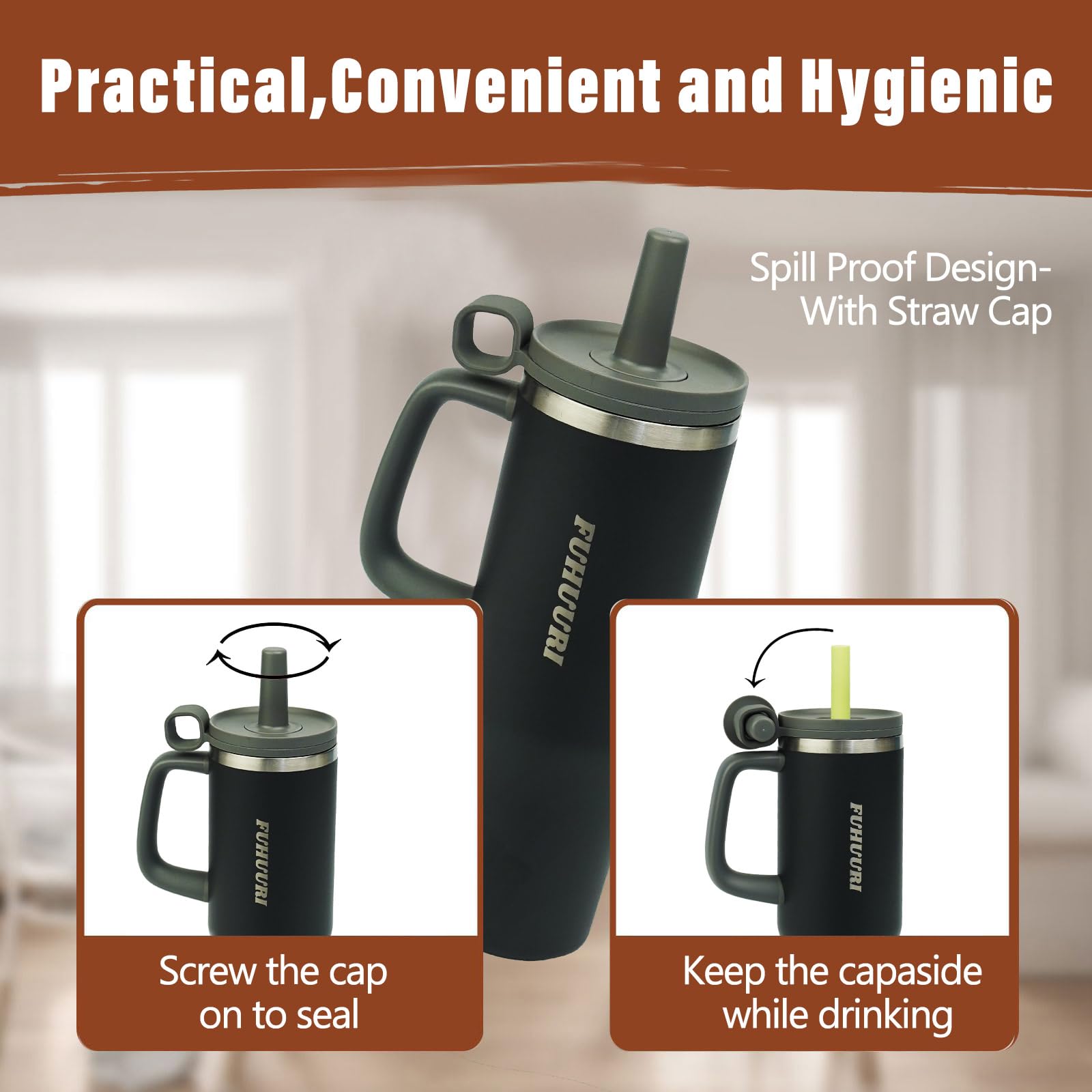 FUHUURI 40oz Stainless Steel Tumbler with Handle,Straw Lid,Double Wall Insulated, Keep Drinks Cold or Hot,Cupholder Friendly (Black grey)