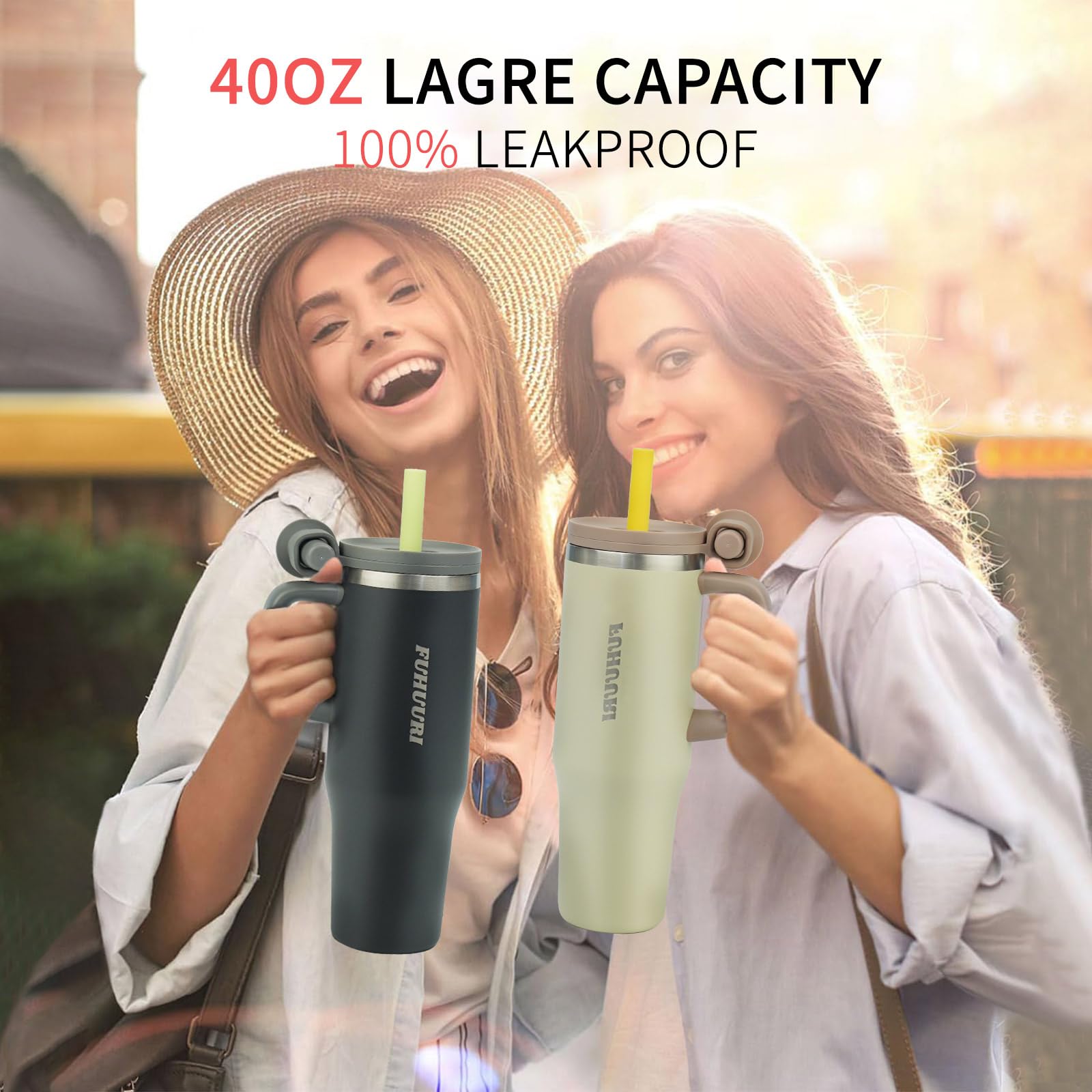 FUHUURI 40oz Stainless Steel Tumbler with Handle,Straw Lid,Double Wall Insulated, Keep Drinks Cold or Hot,Cupholder Friendly (Black grey)
