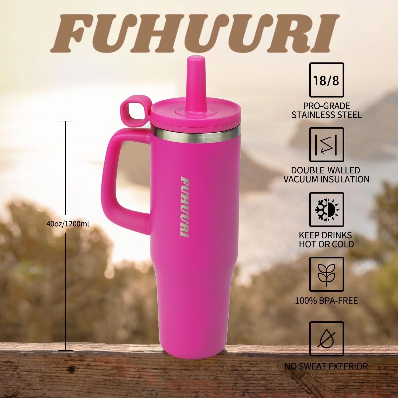 FUHUURI 40oz Stainless Steel Tumbler with Handle,Straw Lid,Double Wall Insulated, Keep Drinks Cold or Hot,Cupholder Friendly (Rose red)