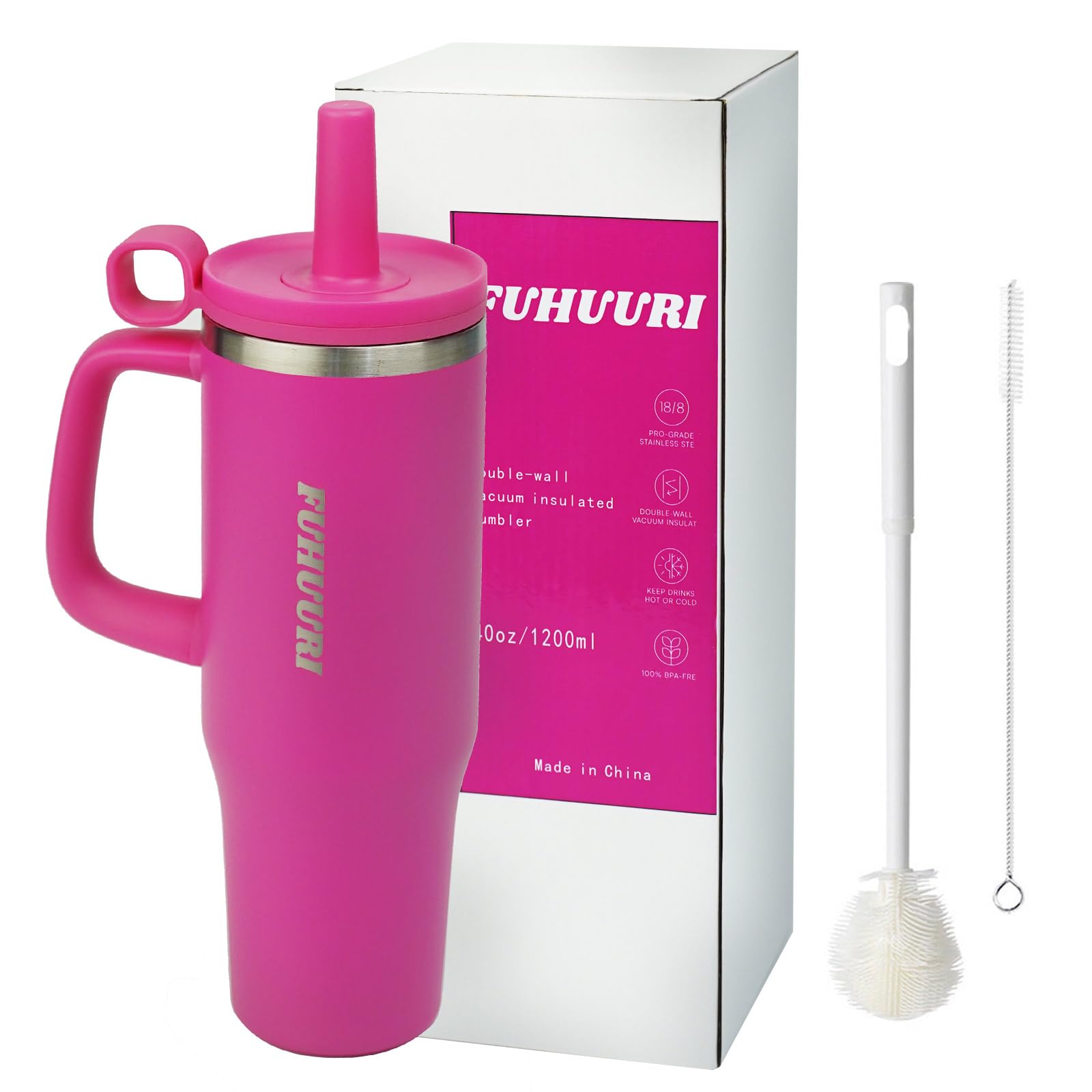 FUHUURI 40oz Stainless Steel Tumbler with Handle,Straw Lid,Double Wall Insulated, Keep Drinks Cold or Hot,Cupholder Friendly (Rose red)
