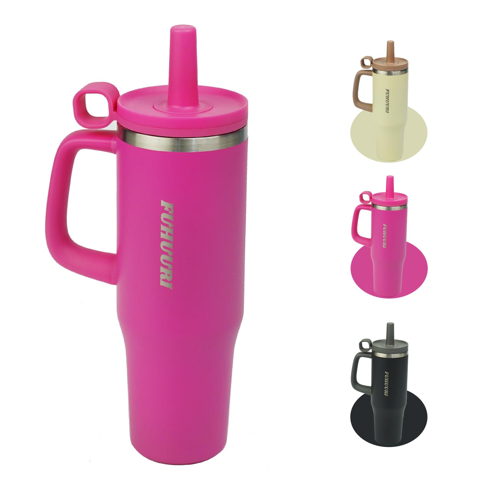 FUHUURI 40oz Stainless Steel Tumbler with Handle,Straw Lid,Double Wall Insulated, Keep Drinks Cold or Hot,Cupholder Friendly (Rose red)