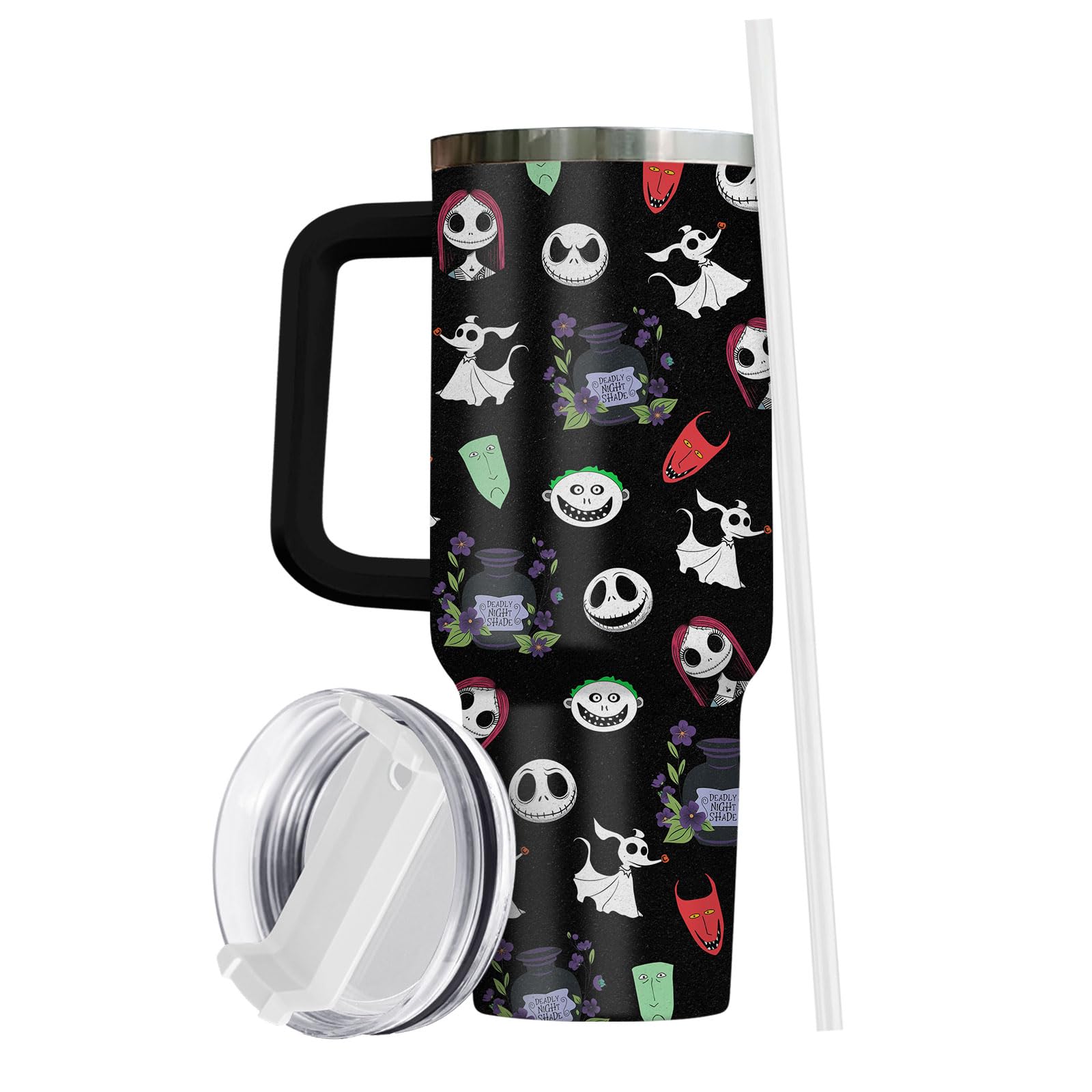 GEPOSTORE Halloween Gifts for Movie Lovers, Jack Skeleton 40 oz Stainless Steel Tumbler with Handle, Lid, and Straw, Nightmare Before Movie Cup, Halloween Mug, Horror Movie Gifts for Cartoon Lovers