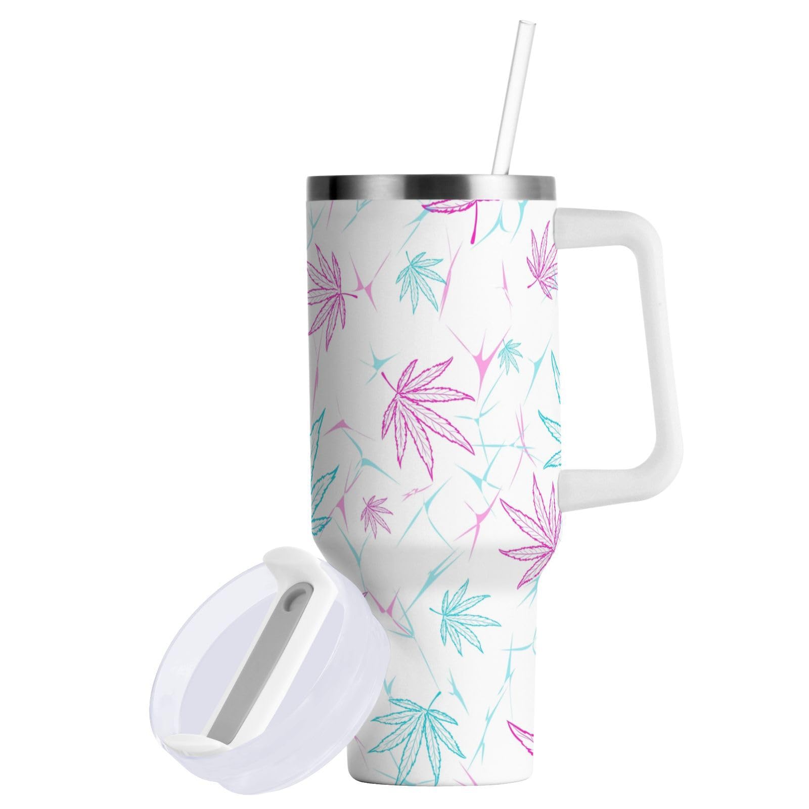 OTVEE 30oz Pink and Blue Marijuana Leaves Tumbler with Handle and Straw, Double Wall Vacuum Reusable Stainless Steel Insulated Water Bottle Travel Mug Cup for Hot and Cold Drinks