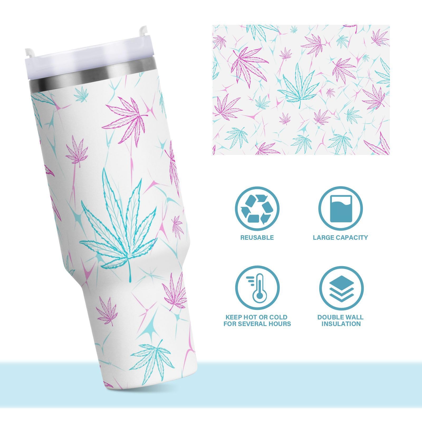 OTVEE 30oz Pink and Blue Marijuana Leaves Tumbler with Handle and Straw, Double Wall Vacuum Reusable Stainless Steel Insulated Water Bottle Travel Mug Cup for Hot and Cold Drinks