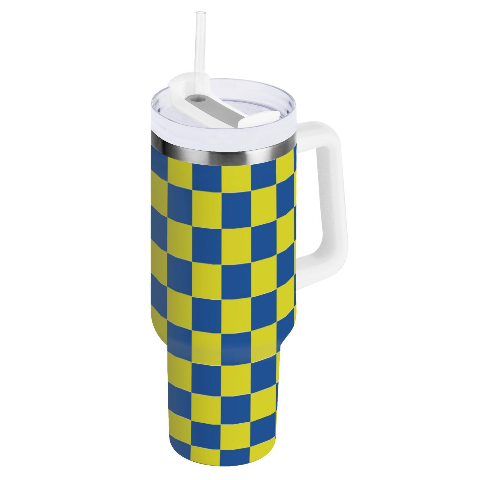 Yellow Blue Checkered 40 oz Tumbler with Handle and Straw Lid, Insulated Coffee Cup Reusable Stainless Steel Water Bottle Travel Mug Cupholder Friendly,Gifts for Women Men