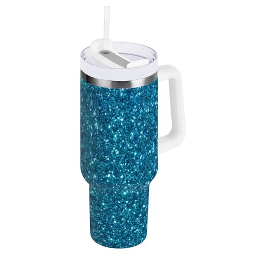 Blue Glitter Texture 40 oz Tumbler with Handle and Straw Lid, Sparkling Sequins Insulated Coffee Cup Reusable Stainless Steel Water Bottle Travel Mug Cupholder Friendly,Gifts for Women Men
