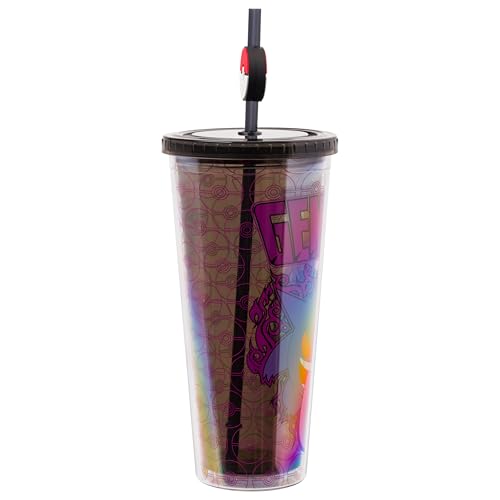 Silver Buffalo Pokemon Plastic Cold Cup with Lid and Straw Topper Featuring Genger, 24 Ounces